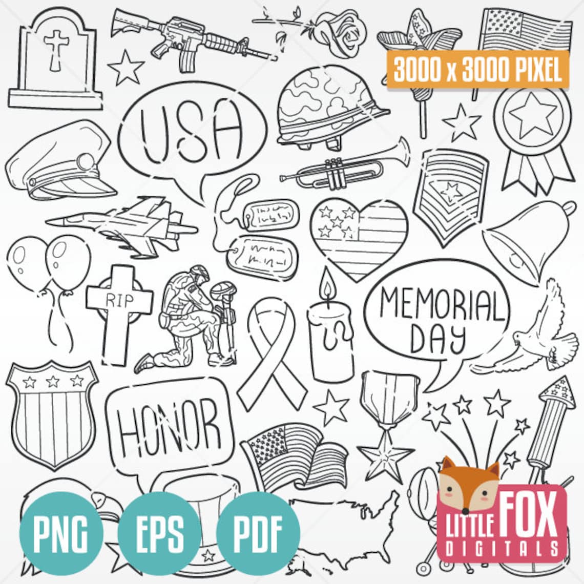 MEMORIAL DAY, Holiday Vector Doodle Icons. America Patriotic Party ...