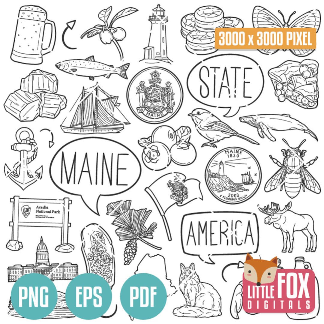 MAINE State Symbols. American State Clipart. Portland Augusta Lewiston ...