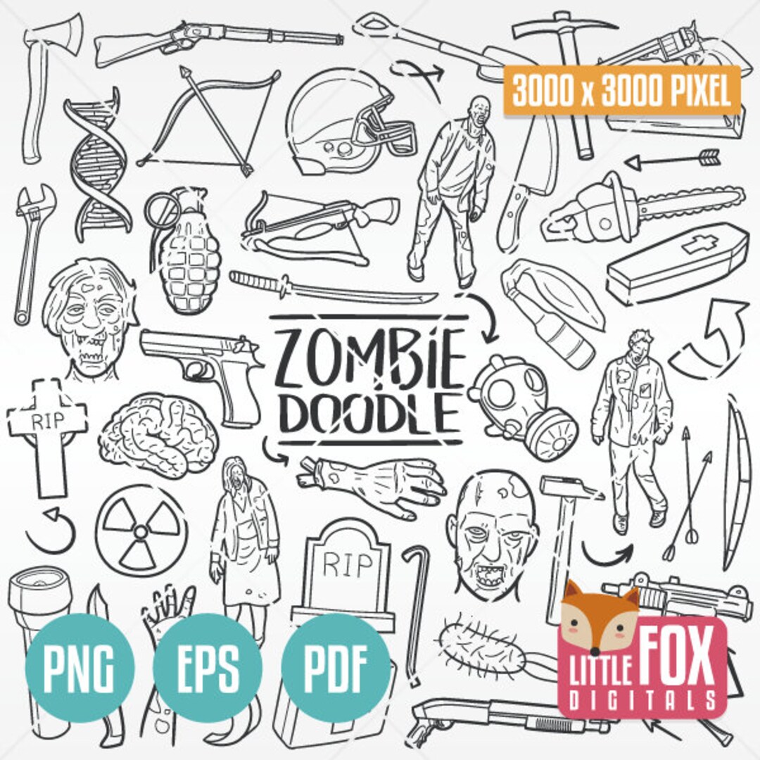 ZOMBIE Outbreak Icons, Attack Party Film Cinema Design Doodle Clipart ...
