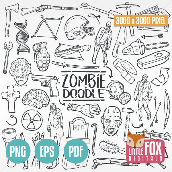 ZOMBIE Outbreak Icons, Attack Party Film Cinema Design Doodle Clipart ...