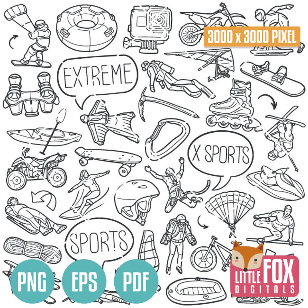 EXTREME SPORTS Vector Doodle Icons. X Sports Clipart. Adventure ...