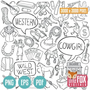 COWGIRL Doodle Icons, Wild West Clipart. Farwest Clipart, Western ...