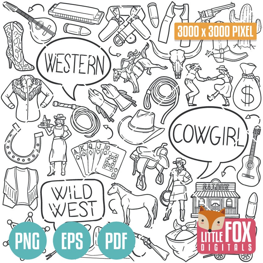 COWGIRL Doodle Icons, Wild West Clipart. Farwest Clipart, Western ...