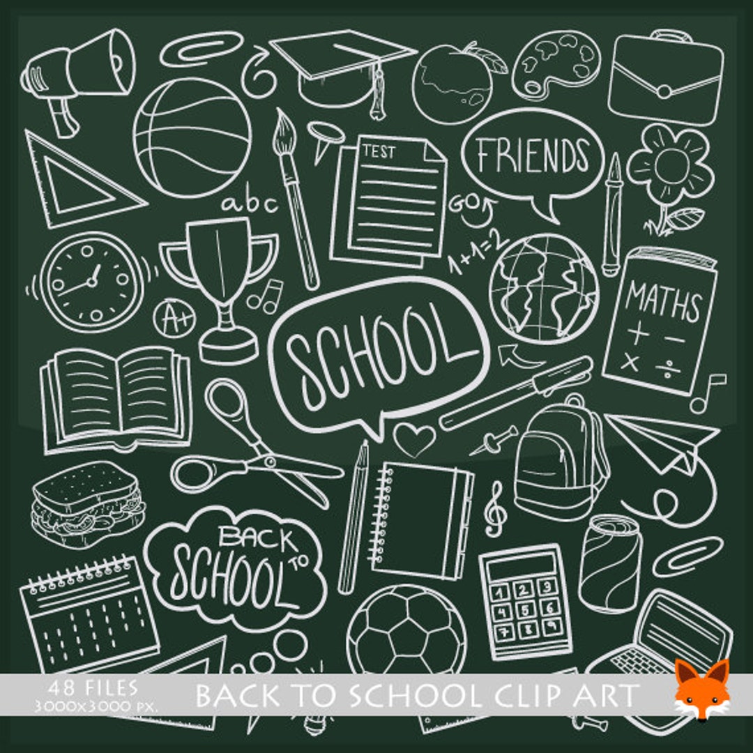 Chalkboard School Kids Objects Doodle Icons Clipart Scrapbook Set Hand ...