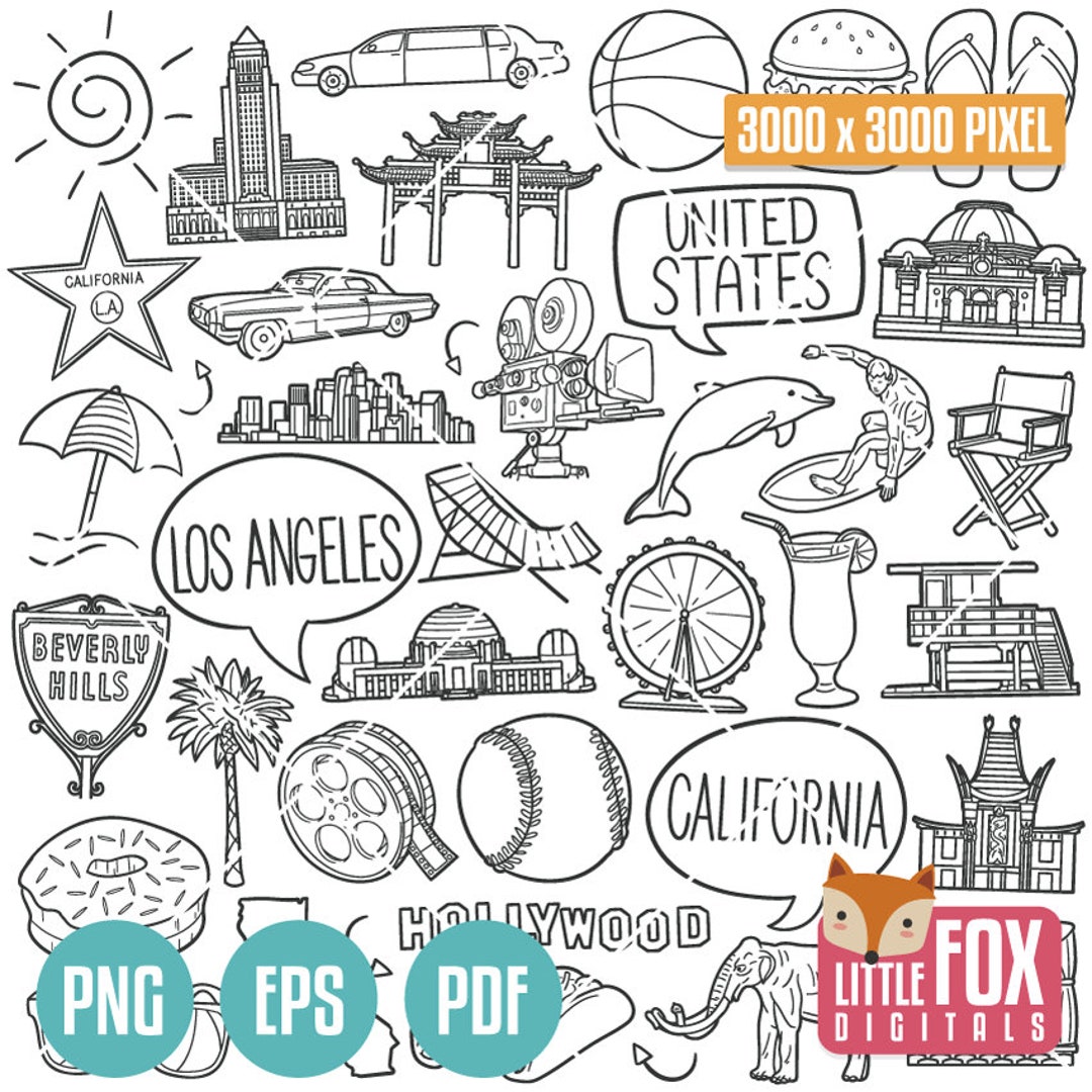 LOS ANGELES, California DOODLE Icons. Travel America Tourism. Culture ...