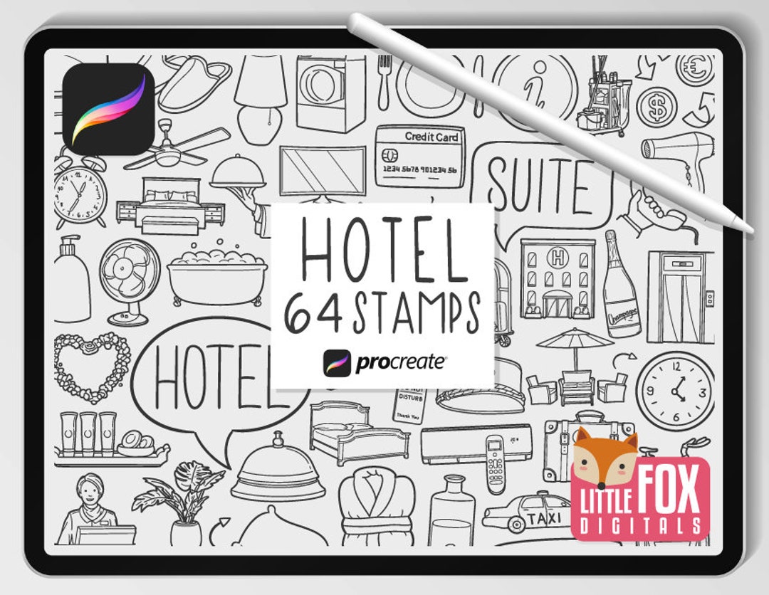 HOTEL STAMPS, Procreate Brushes, Hostel Icons, Bundle Motel Doodles ...
