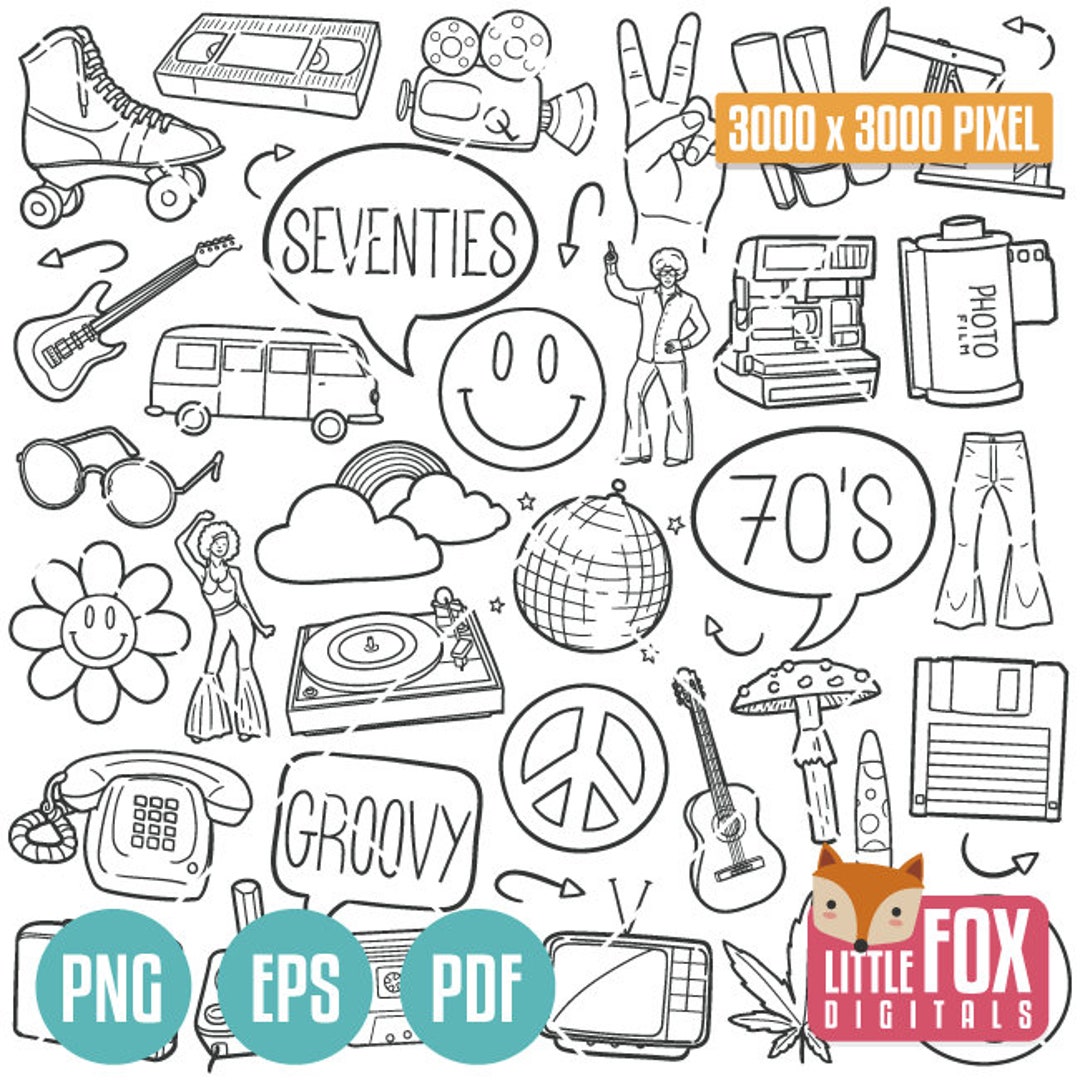 70's, Years Icons Doodle Set. Seventies Icons Clipart Scrapbook. Retro ...
