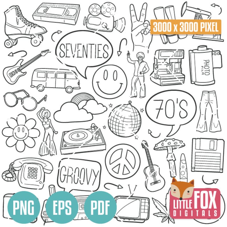70's Years Icons Doodle Set. Seventies Icons Clipart - Etsy