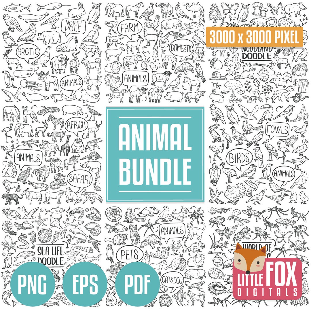 ANIMAL Bundle. Domestic Wild Doodle Icons. Pets Clip Art Doodle ...