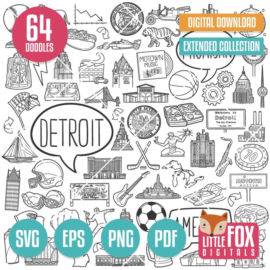 DETROIT, SVG Doodle Icon Vectors. Michigan City Buildings and Landmarks ...