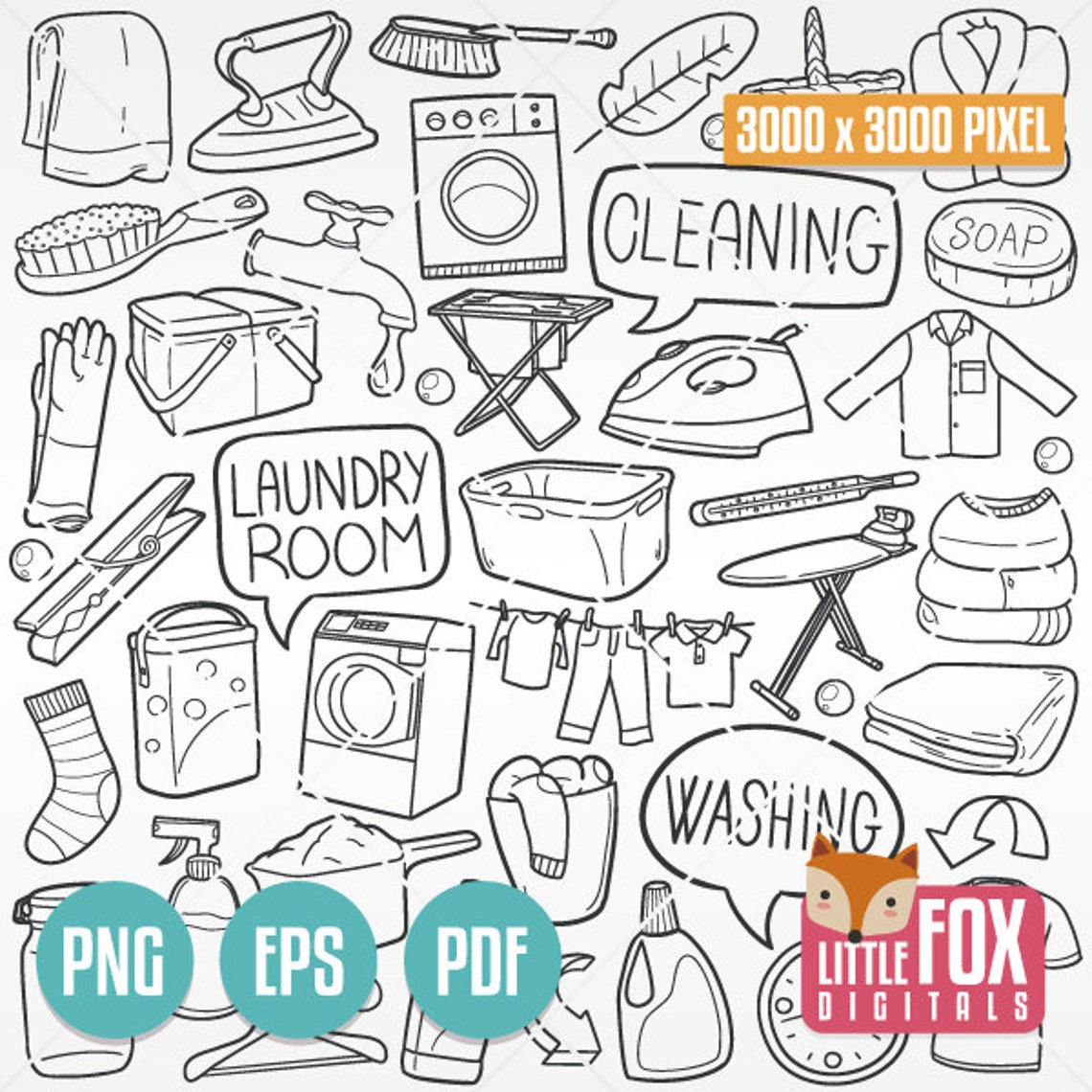 LAUNDRY ROOM, Cleanup Clipart Doodles. Washing Home Chores Icons ...