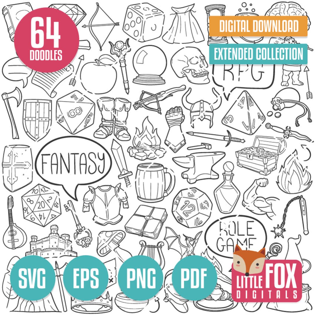 RPG SVG Doodle Icon Vectors. Fantasy Game Doodle Icons Clipart. Dnd ...