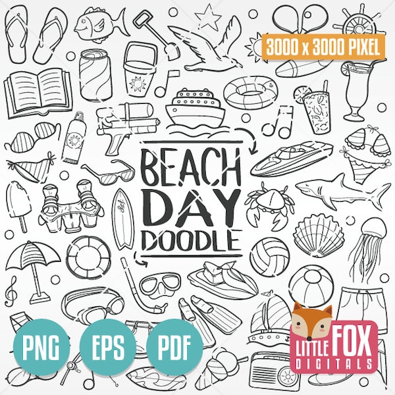 BEACH DAY doodle vector icons. Summer Vacations Travel Doodle | Etsy