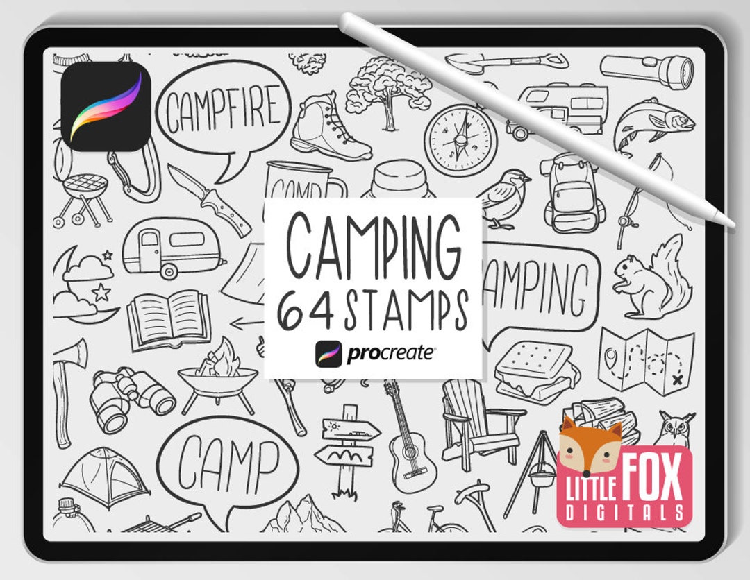 CAMPING STAMPS, Procreate Brushes, Free Camp Icons, Summer Bundle ...