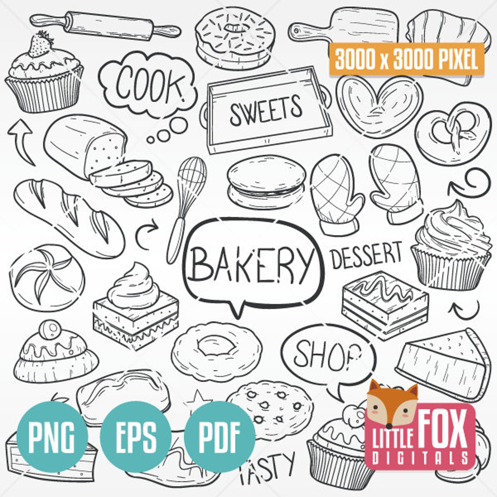 Bakery Doodle Vector Icons: Desserts & Sweets Clipart (PNG, EPS, PDF ...