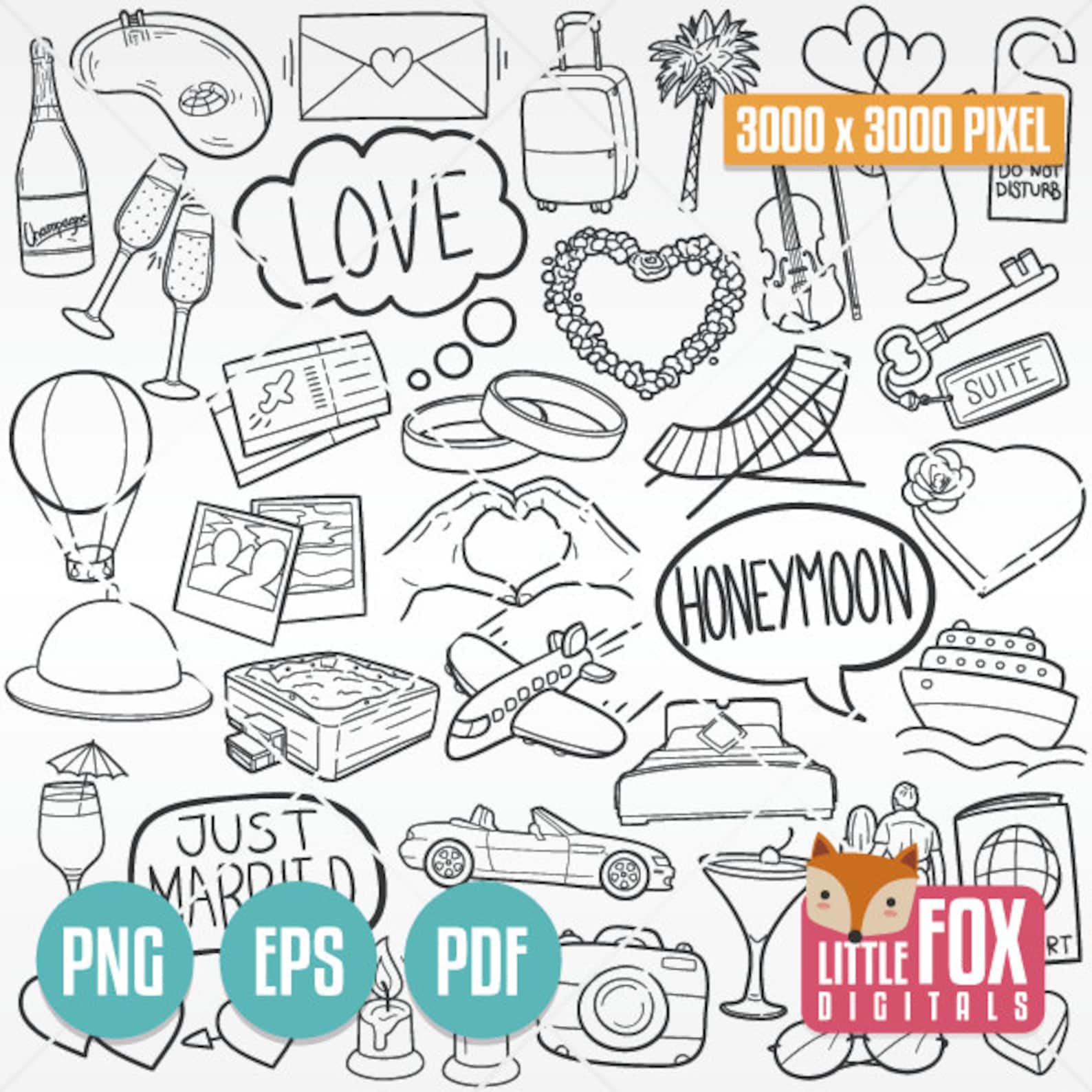 HONEYMOON TRAVEL Doodle Icon Clipart. Love, Romantic Just Married. on ...