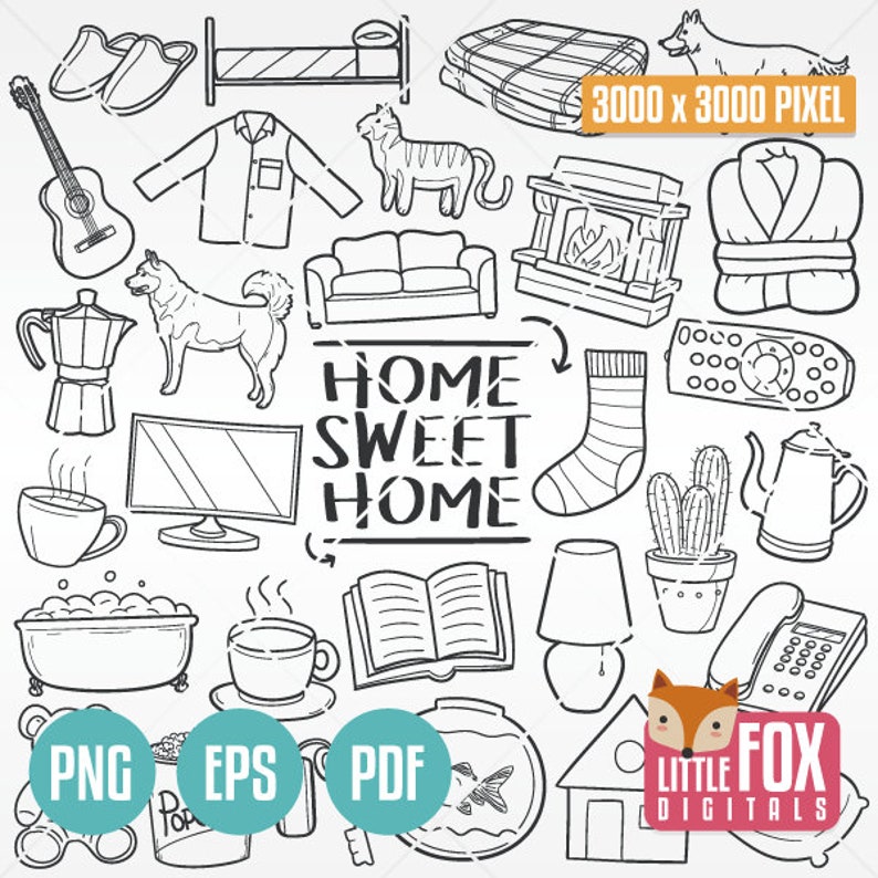 HOME SWEET HOME, Doodle Icons. House Clipart Scrapbook Coloring Hand ...