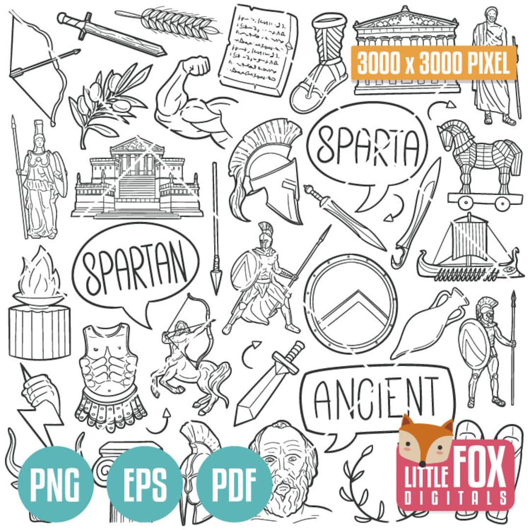 Sparta History, Classical Antiquity Doodle Icon Vectors. Greek Design ...