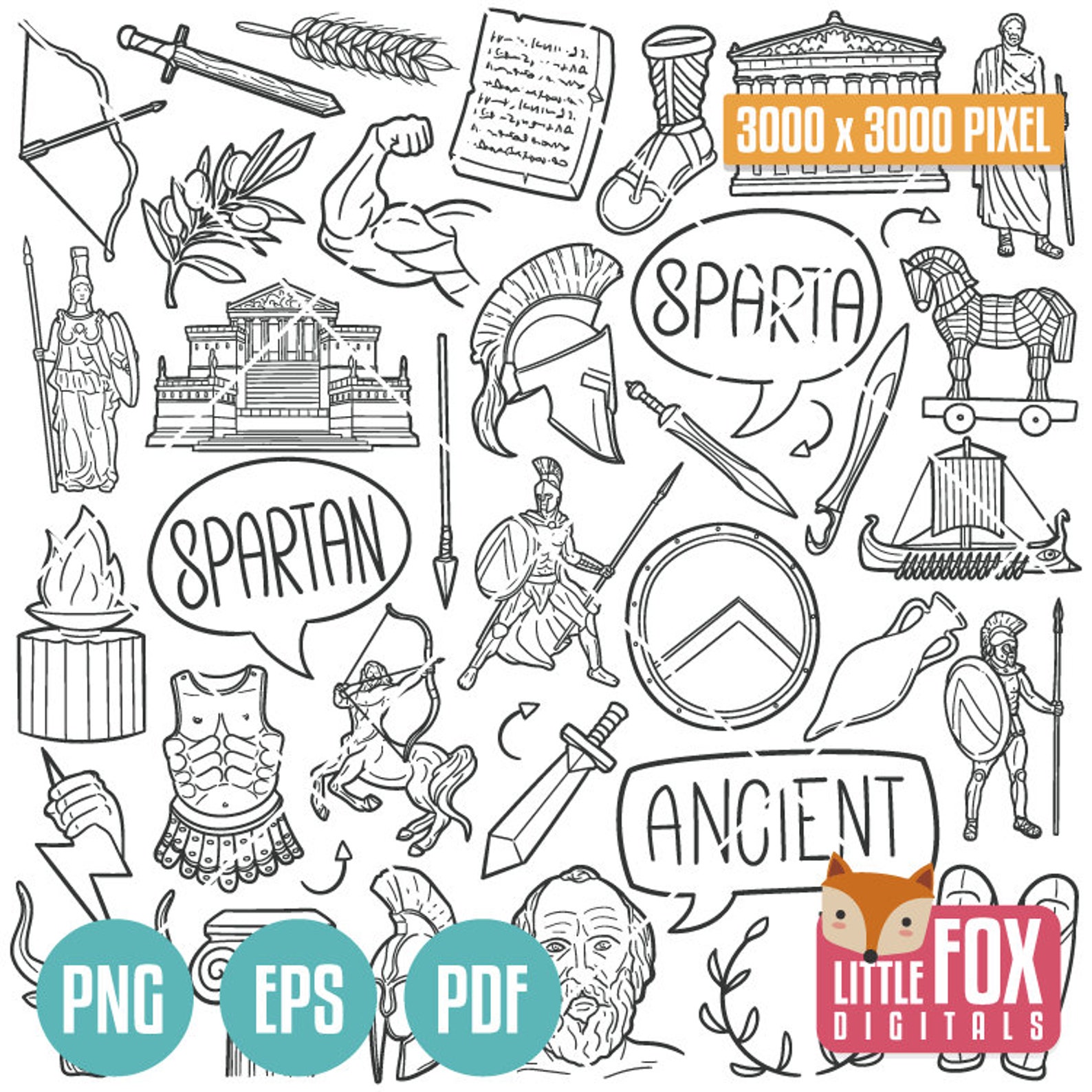 Sparta History, Classical Antiquity Doodle Icon Vectors. Greek Design ...