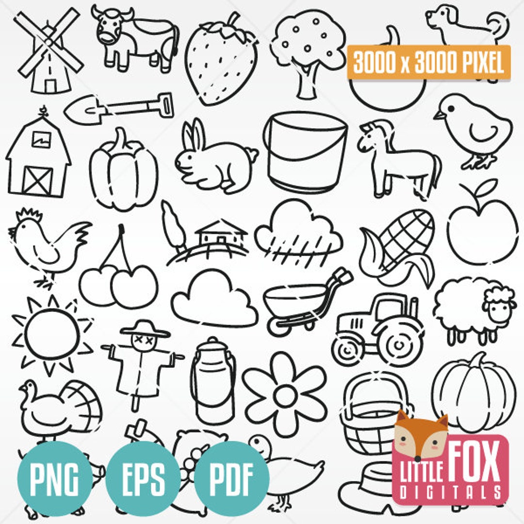 FARM ANIMALS, Doodle Vector Icons. Farmer Tools Vector Doodle Icons ...
