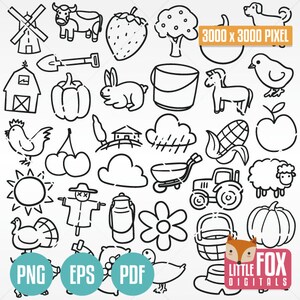 FARM ANIMALS, Doodle Vector Icons. Farmer Tools Vector Doodle Icons ...