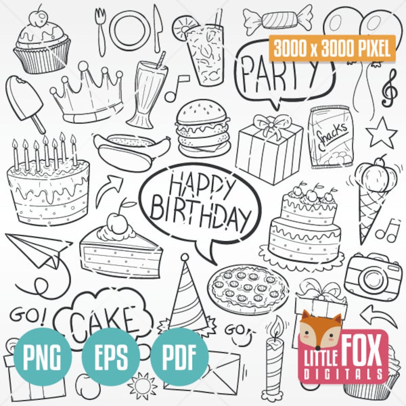Happy Birthday Doodle Vector Icons, Party Clipart (PNG, EPS, PDF) - Etsy
