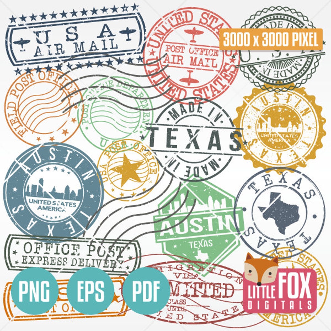 AUSTIN TEXAS, Usa Set of Stamps. Made Seal, TX Travel Passport Postage ...