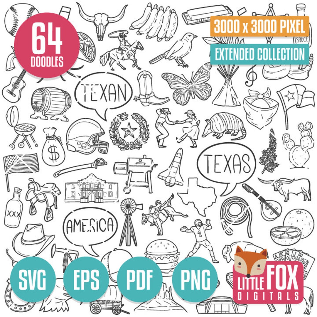 Texas SVG Doodle Vector Icons Clip Art. USA Doodle Icons Clipart. Texan Hand Drawn Line. Texas ...