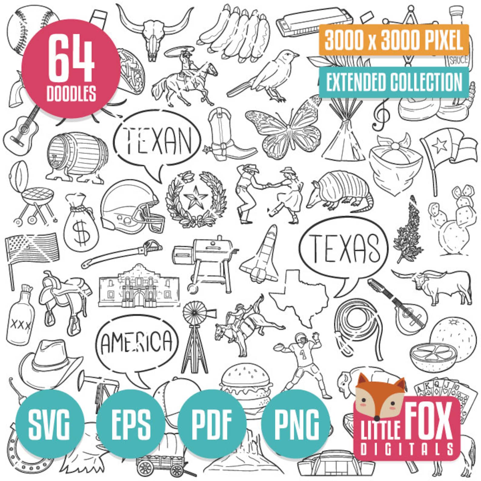 Texas SVG Doodle Vector Icons Clip Art. USA Doodle Icons - Etsy UK