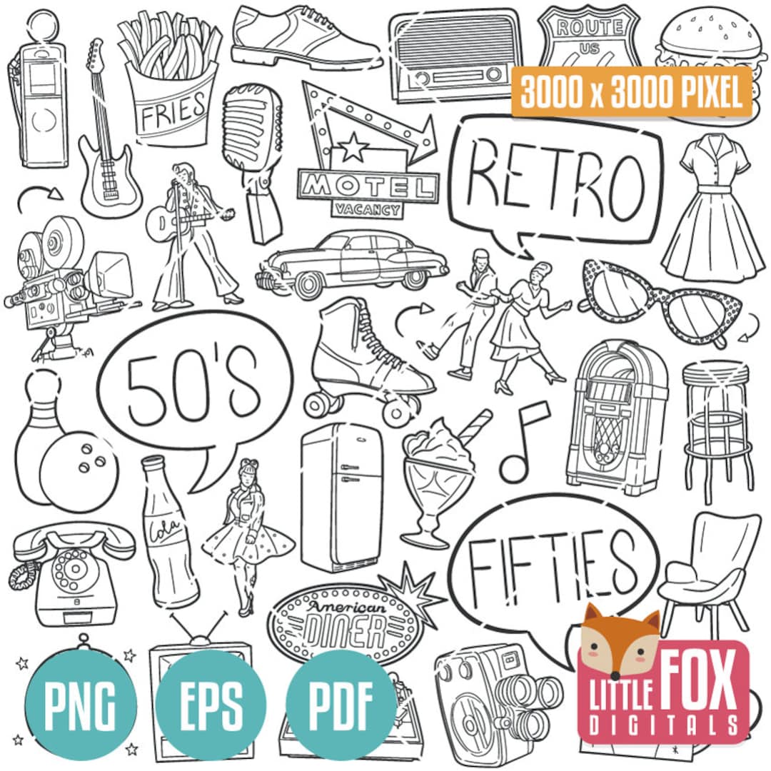 50's, Years Icons Doodle Set. Fifties Icons Clipart Scrapbook. Retro ...