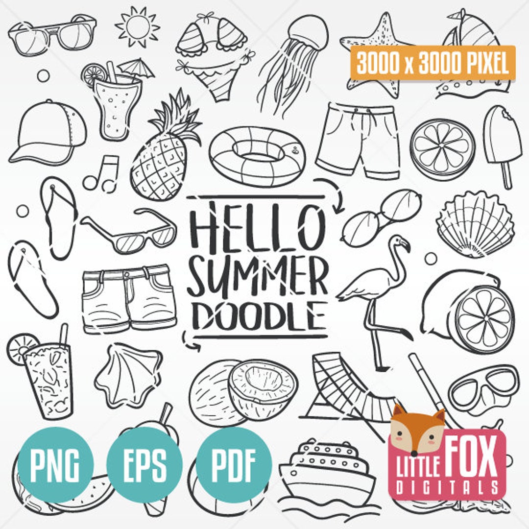 HELLO SUMMER Icons Doodle Icons. Summer Vacations Doodle Icons Clipart ...