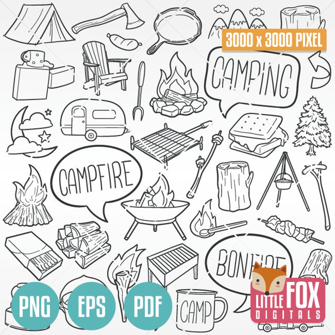 Campfire, Doodle Vector Icons. Camping Nature Mountain Day Forest ...