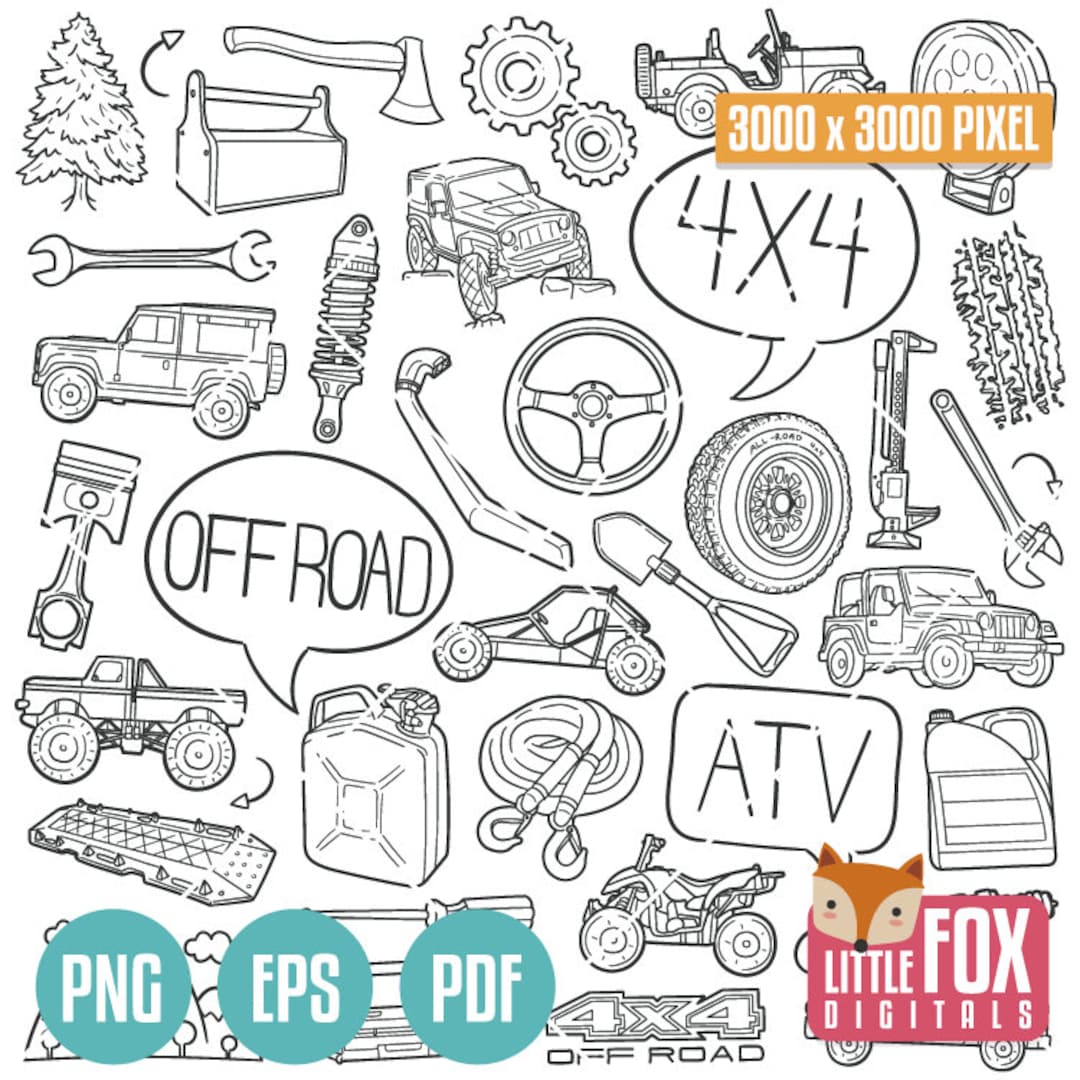 OFF ROAD Vector Doodle Icons. 4x4 Clipart Scrapbook Artwork Coloring ...