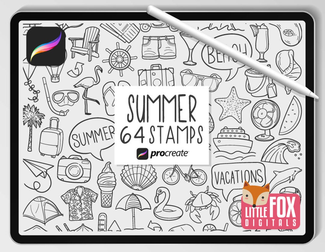 SUMMER STAMPS, Procreate Brushes, Vacation Icons, Summer Bundle Doodles ...