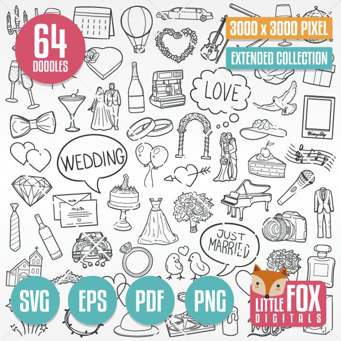 WEDDING, SVG Doodle Vector Icons. Just Married Couple Doodle Icons Clip ...