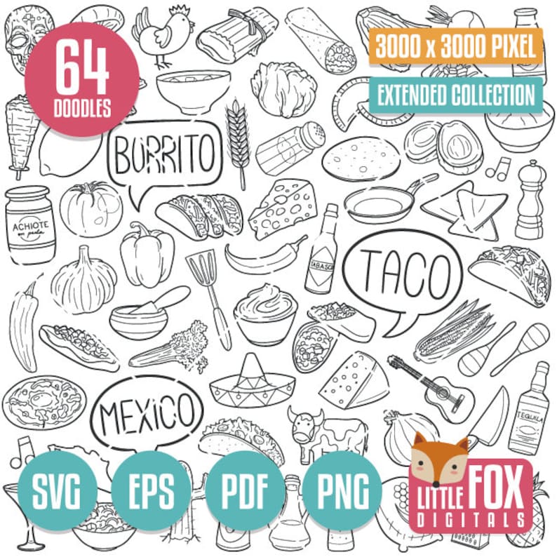 TACO and BURRITO SVG Doodle Icons. Mexican Fast Food Day | Etsy