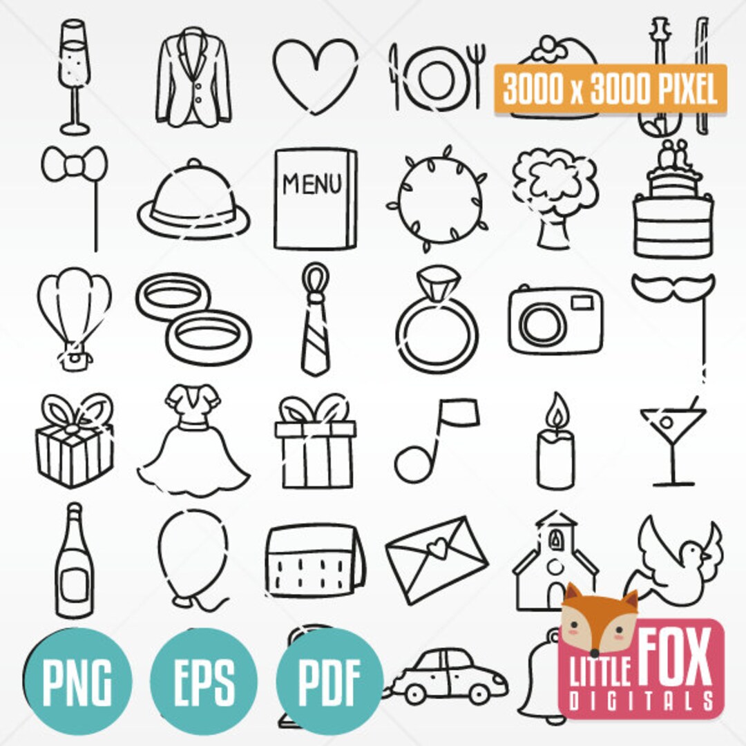 Wedding Doodle Icon Set, Clipart Planner Stickers (PNG, EPS, PDF) - Etsy