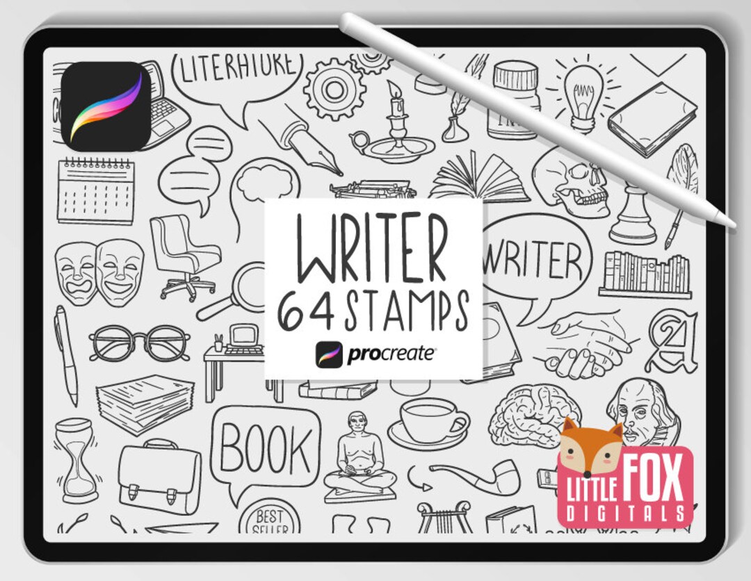WRITER STAMPS, Procreate Brushes, Library Icons, Books Doodles. Author ...
