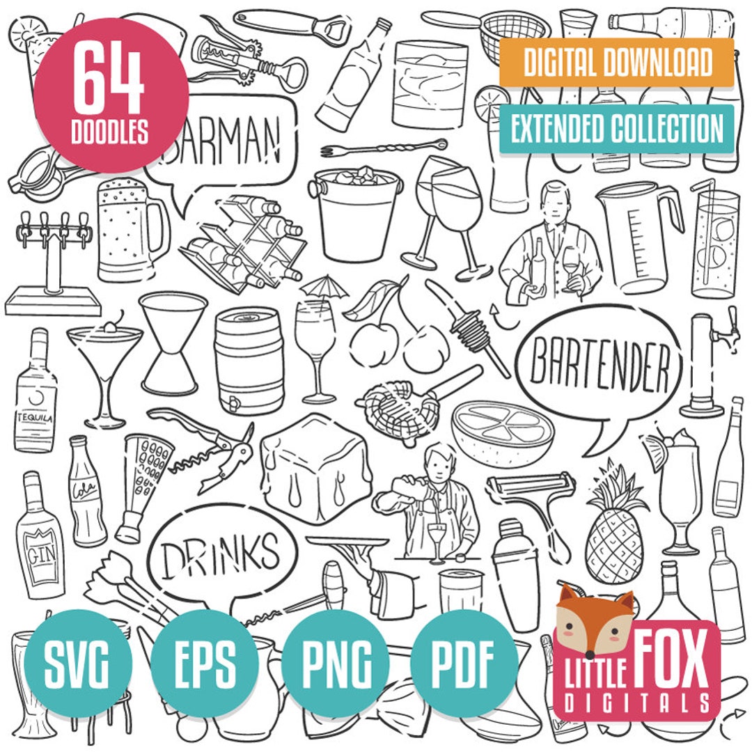 BARTENDER, SVG Doodle Vector Icons. Cocktail Drinks Doodle Icons ...