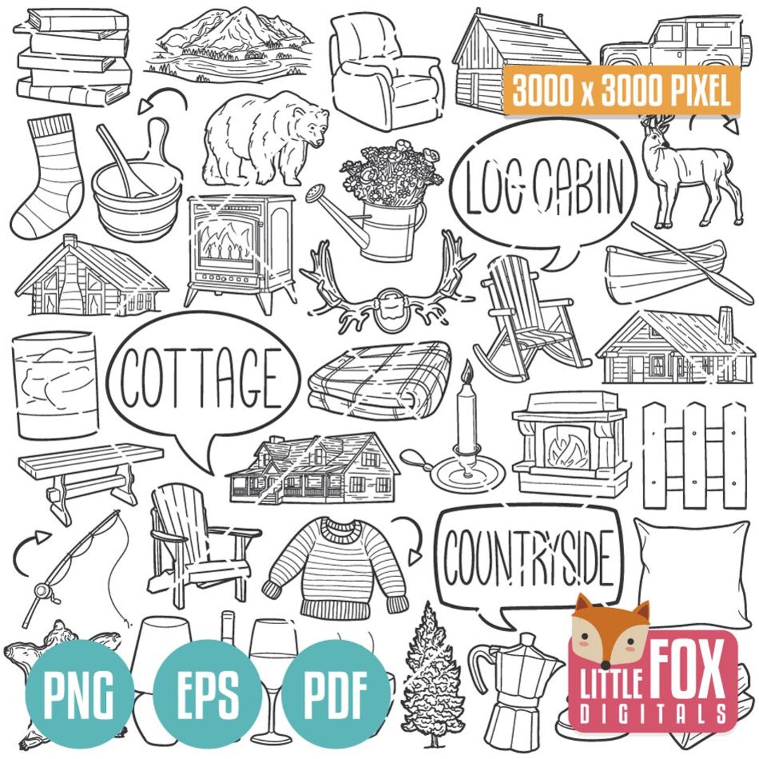 Cottage, Doodle Vector Icons. Log Cabin Countryside Nature Mountain ...