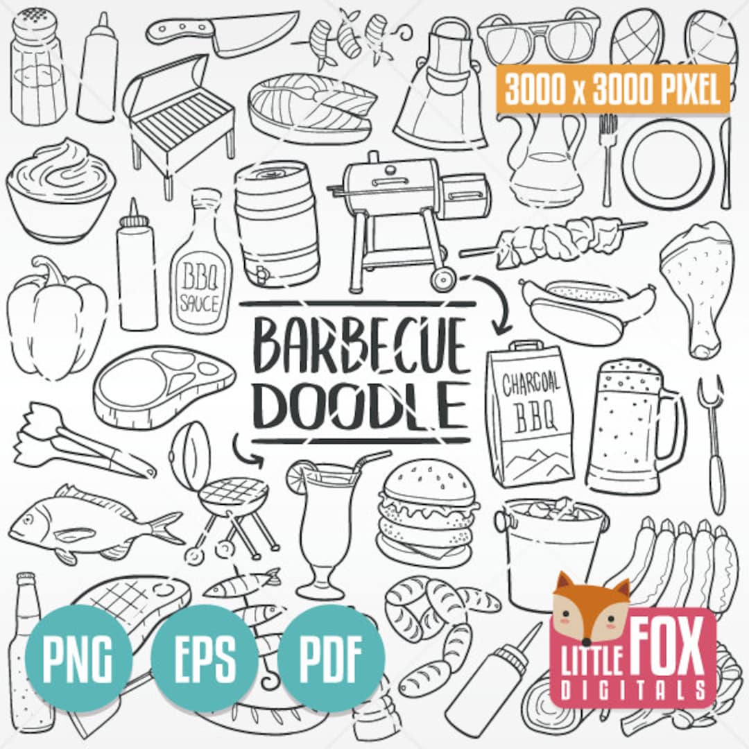BBQ, Barbecue Doodle Icons Clipart. Steak House Day Party Scrapbook ...
