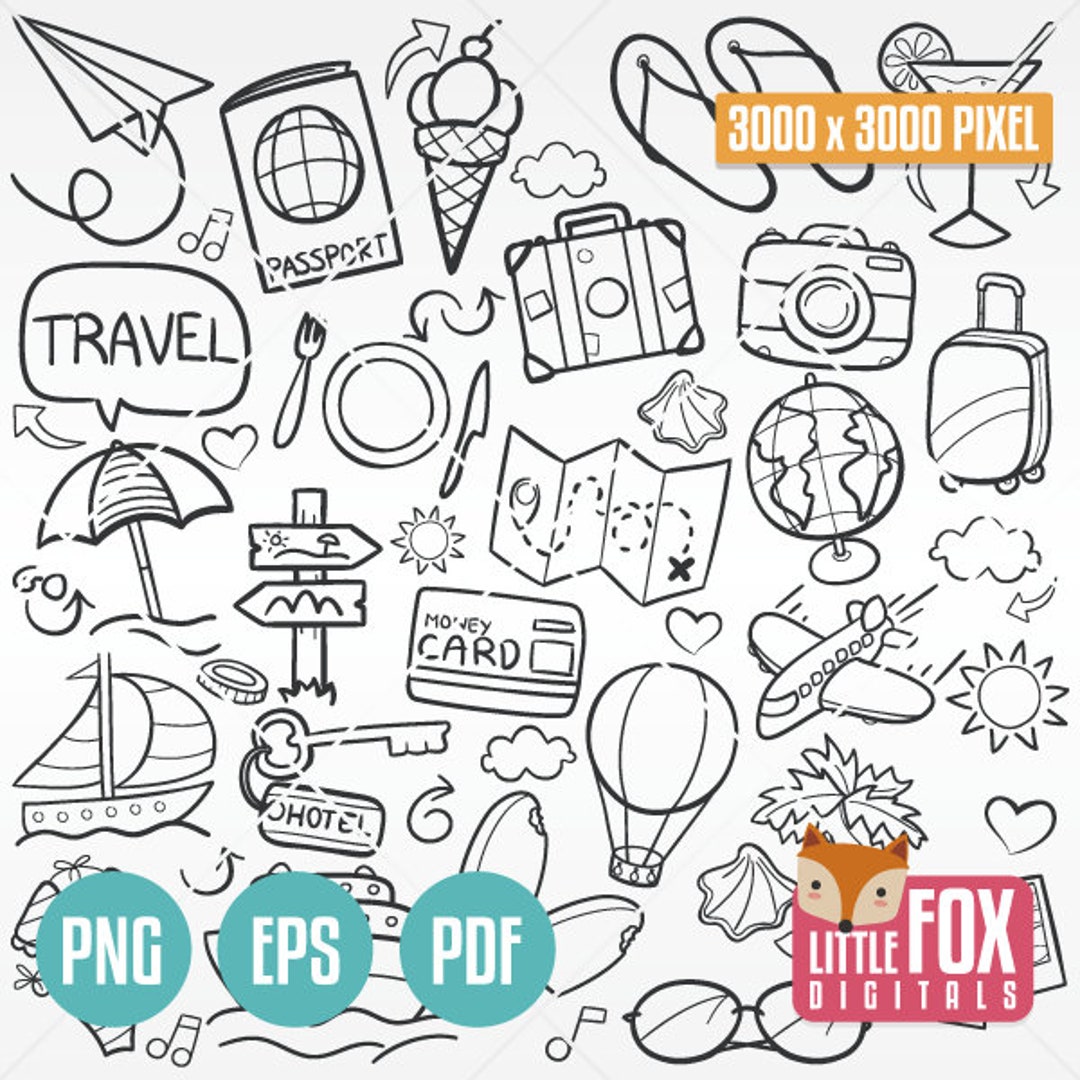 TRAVEL, Doodle Vector Icons. Traveling Friends and Family Trip Holidays ...