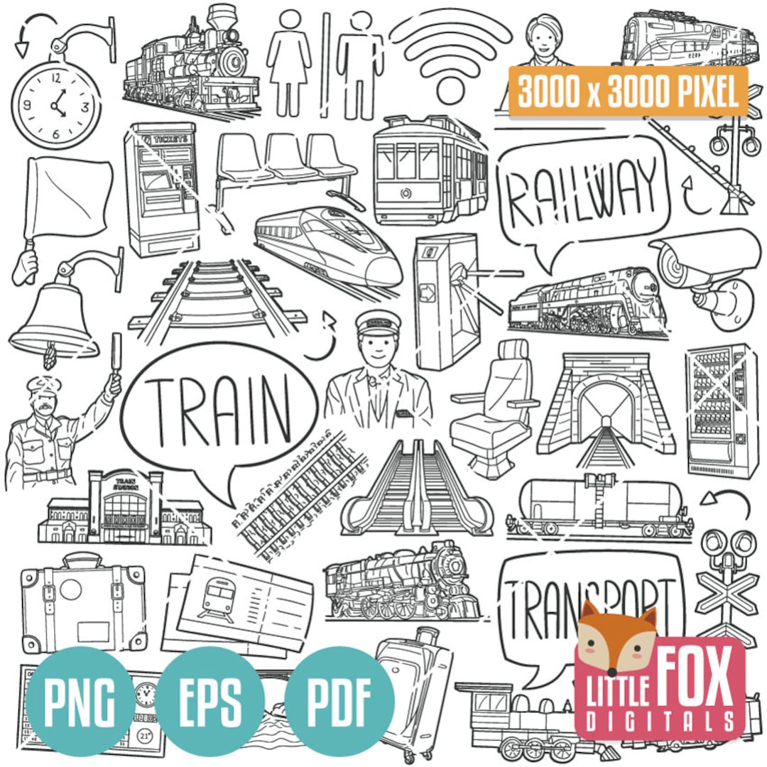 TRAIN Doodle Vector Icons. Railway Illustration Clipart, Locomotive ...