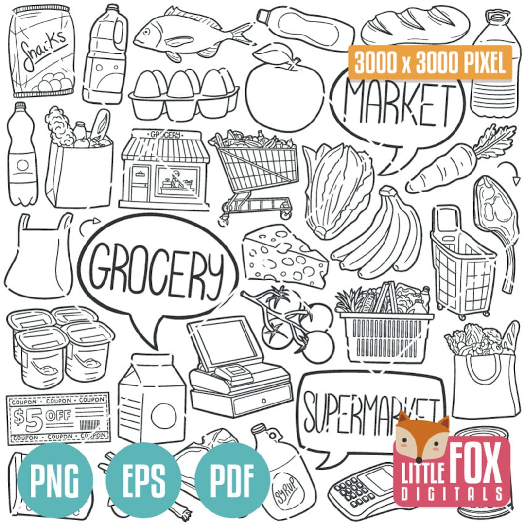 GROCERY, Doodle Vector Icons. Market Shop Clipart Scrapbook ...