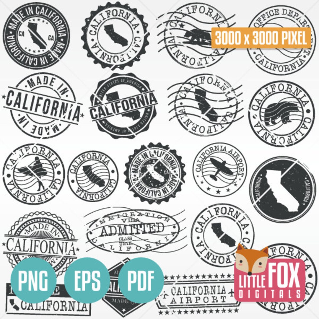 CALIFORNIA Stamps, USA Set of Postmark. Made in Seal Travel Passport ...