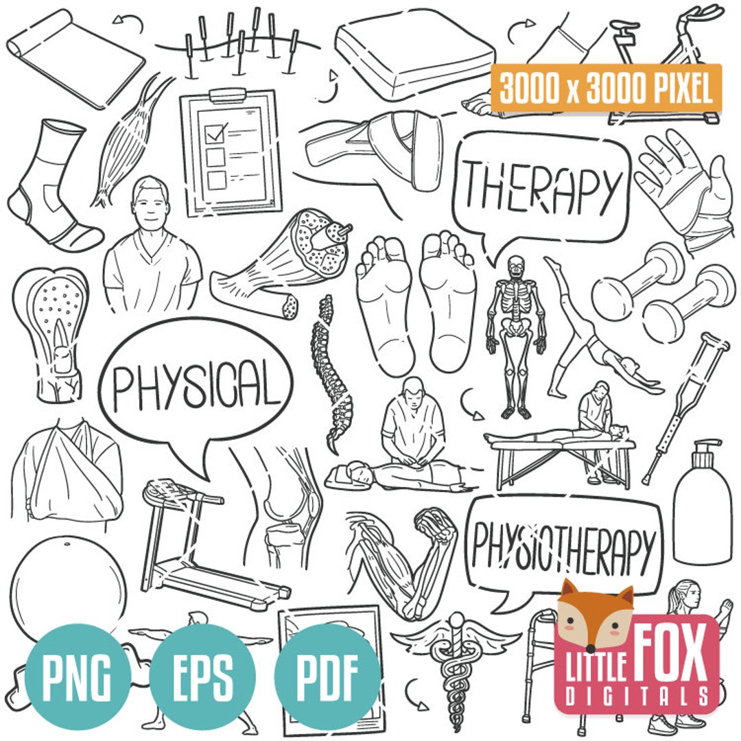 PHYSICAL THERAPY Doodle Vector Icons. Terapist Center Care Healthy ...