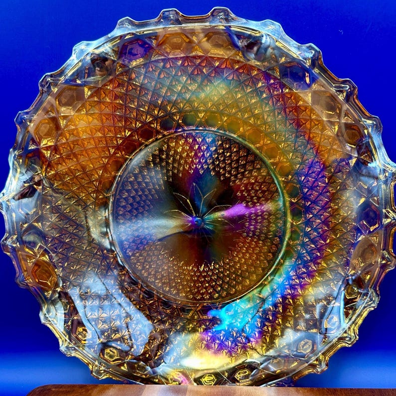 Vintage Indiana Glass Carnival Plate: Iridescent Amber Harvest Ruffled ...