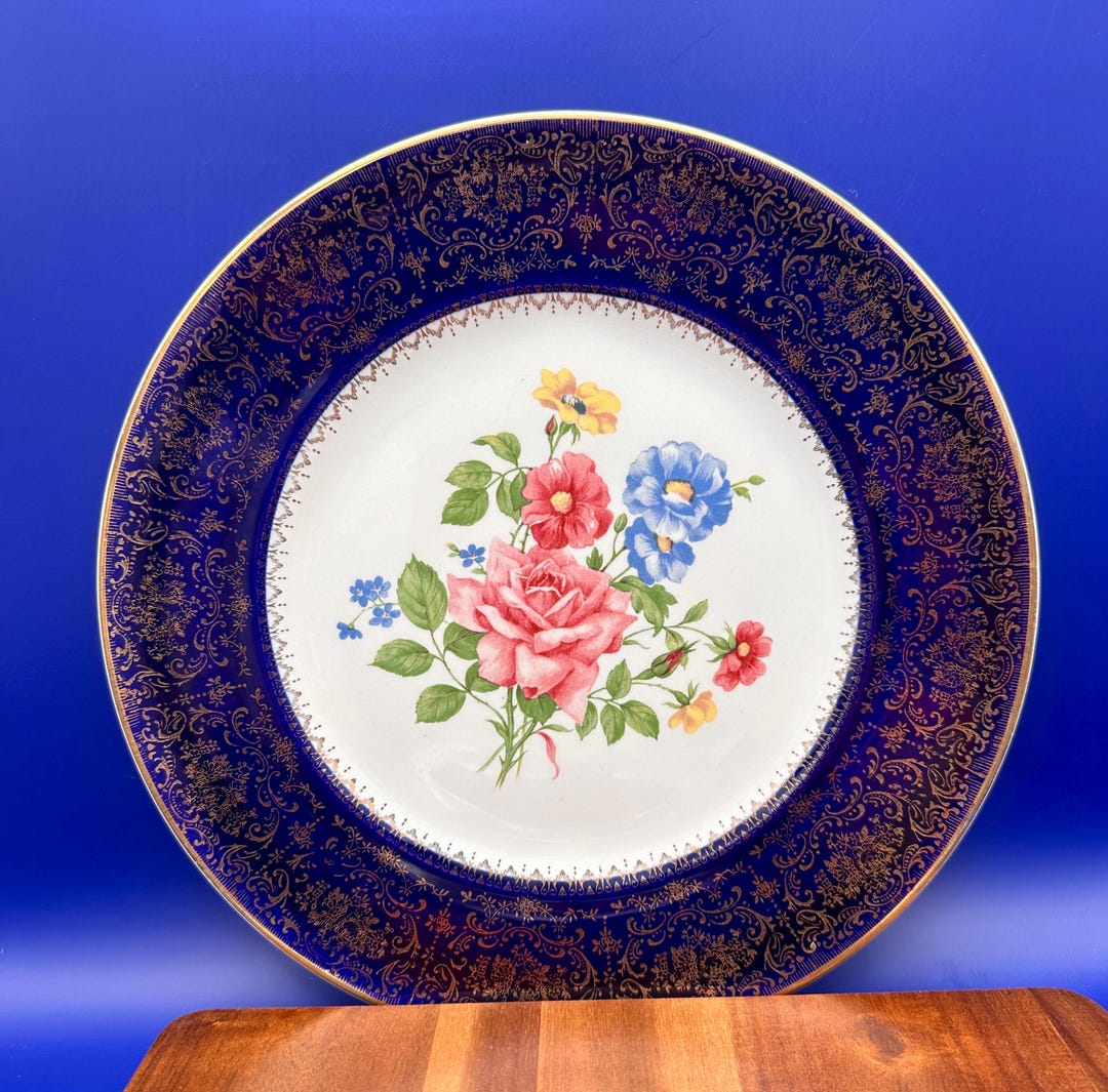 Vintage Salem China Dinner Plate: Aristocrat Blue, 23k Gold Floral ...