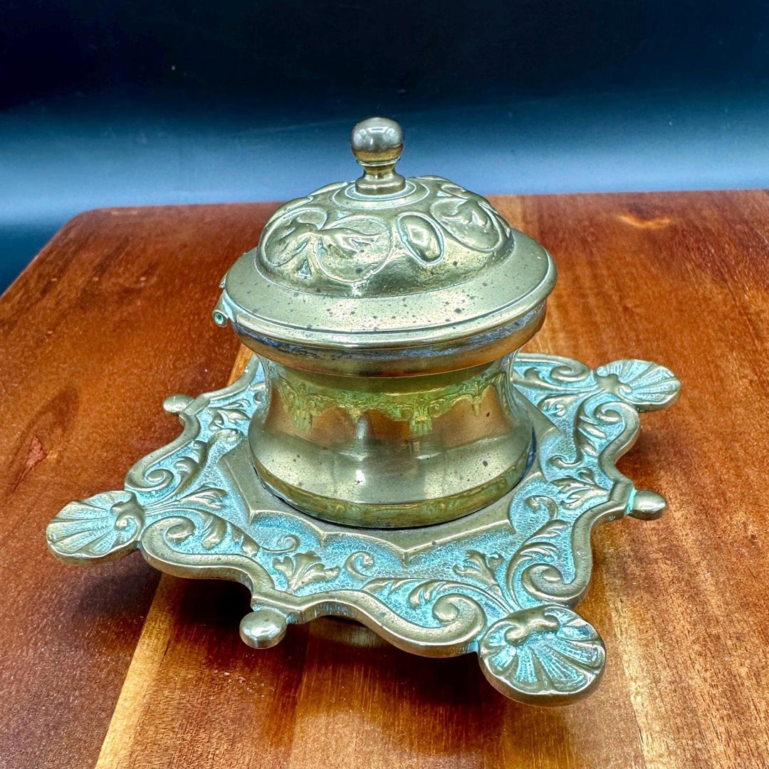 Antique Brass Inkwell With Glass Liner – Victorian or Art Nouveau Era ...