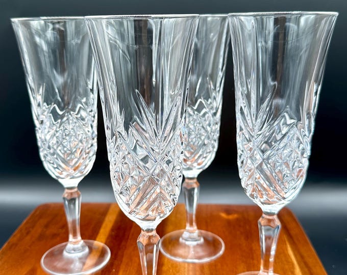 Set of 4 Vintage Cut Crystal Champagne Flutes – Diamond-cut Pattern ...
